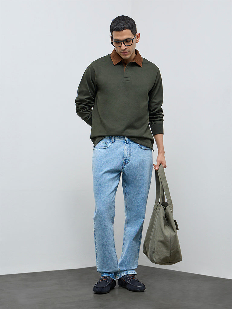 Buy WES Casuals Olive Solid Relaxed-Fit Cotton Polo T-Shirt from Westside