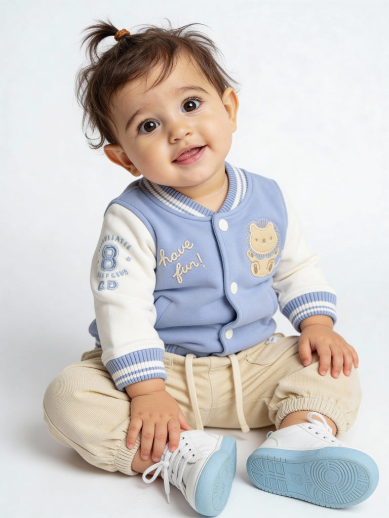Buy HOP Baby Boys Blue Embroidered Cotton-Blend Varsity Jacket from ...