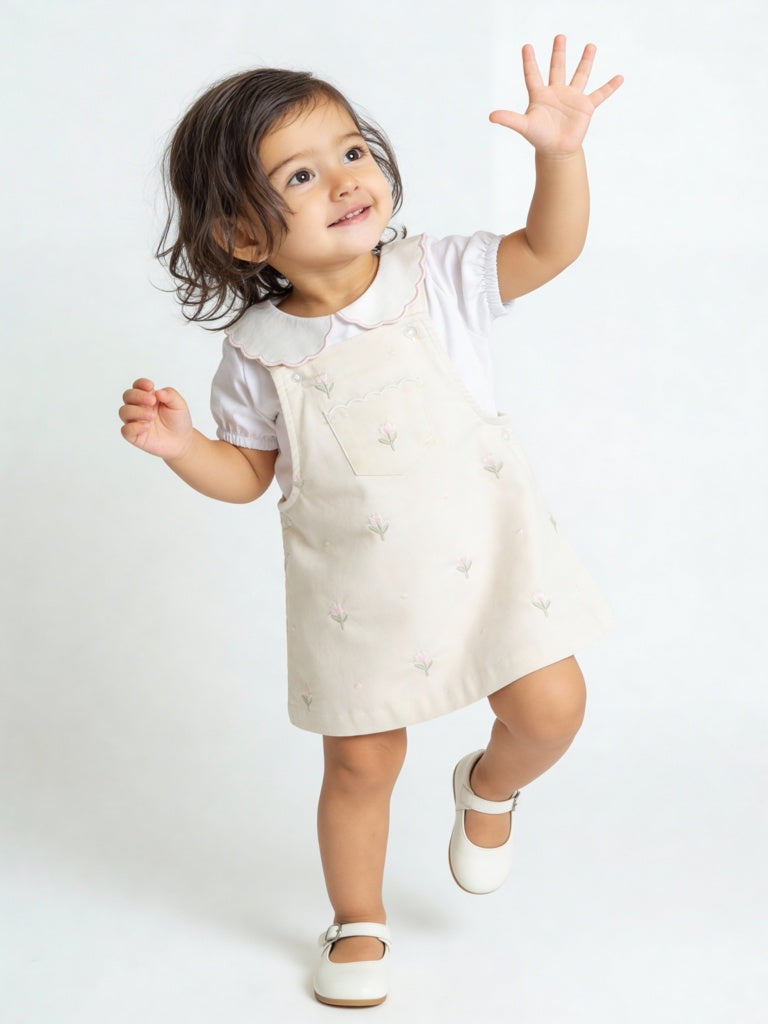 Buy HOP Baby Girls Off-White Cotton T-Shirt and Pinafore Set from Westside