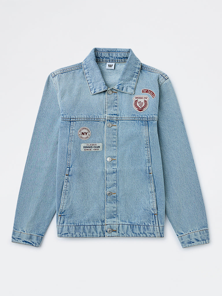 Buy Y&F Kids Boys Blue Patch Detail Denim Jacket from Westside