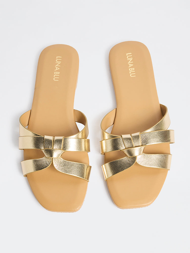 Buy LUNA BLU Gold Interwoven Strap Slides from Westside