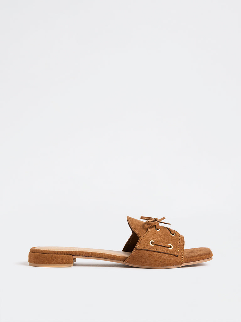 Buy LUNA BLU Tan Lace-Detailed Suede Slides from Westside