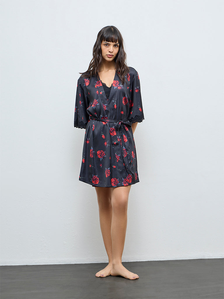 Buy Wunderlove Black Floral Robe with Belt from Westside