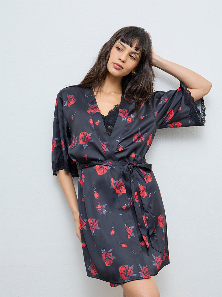 Buy Wunderlove Black Floral Robe with Belt from Westside