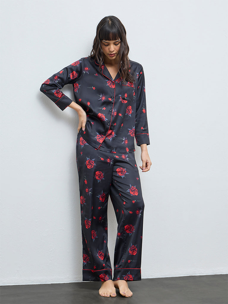 Buy Wunderlove Black Floral Shirt and Pyjamas Set from Westside