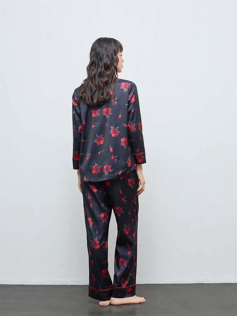 Buy Wunderlove Black Floral Shirt and Pyjamas Set from Westside