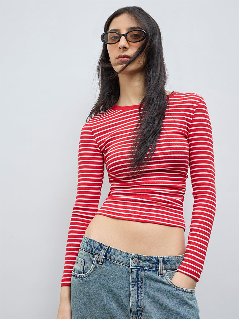 Buy Nuon Red Striped Cotton-Blend Top from Westside