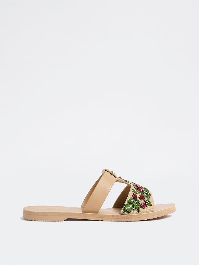 Buy LUNA BLU Beige Floral Sequin Embellished Slides from Westside