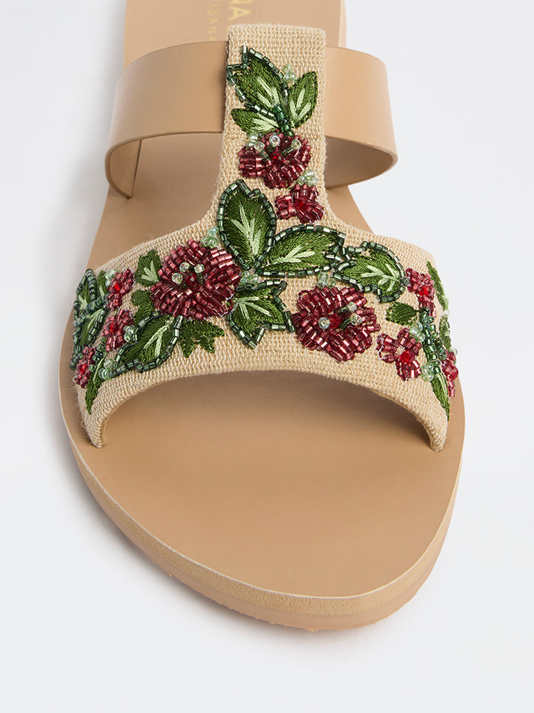 Buy LUNA BLU Beige Floral Sequin Embellished Slides from Westside