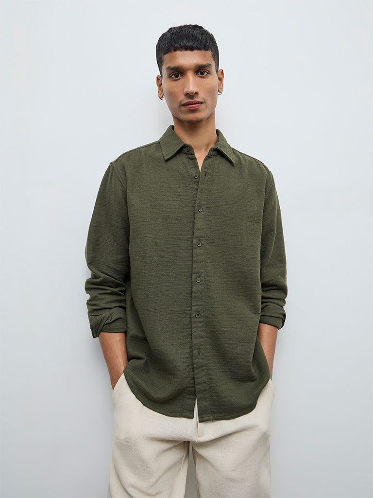 Buy ETA Olive Textured Relaxed-Fit Cotton Shirt from Westside