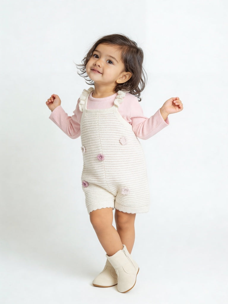 Buy HOP Baby Girls Off-White Crochet Knit Cotton T-Shirt and Dungaree ...