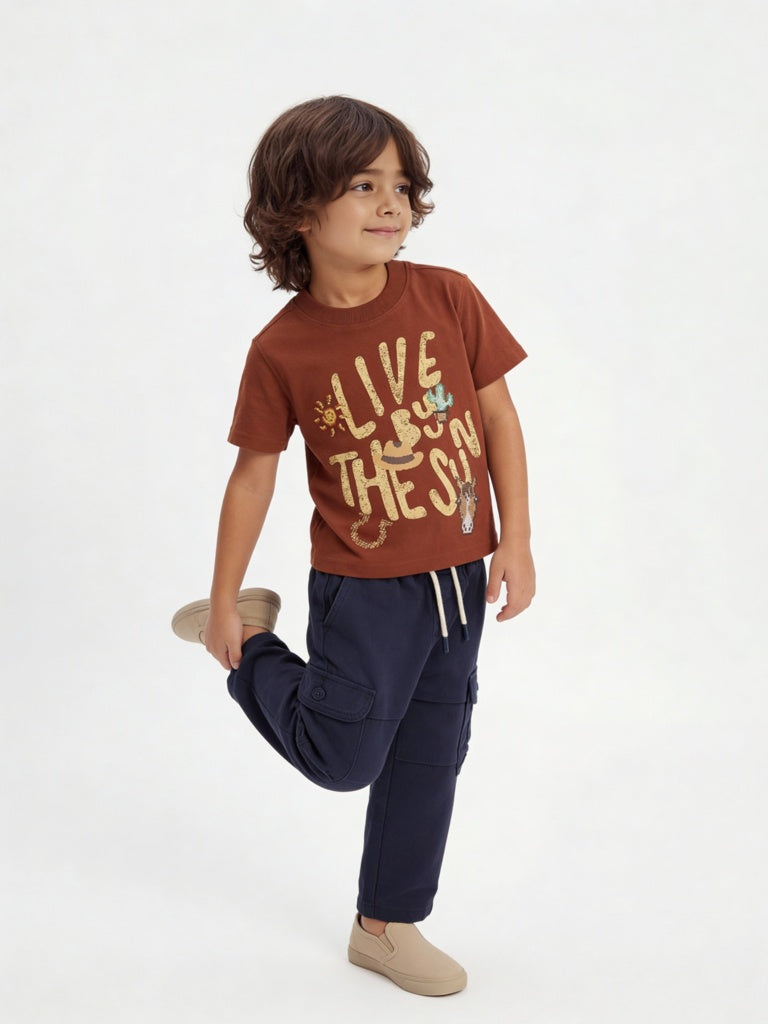 Buy HOP Kids Boys Rust Text Pattern Cotton T-Shirt from Westside