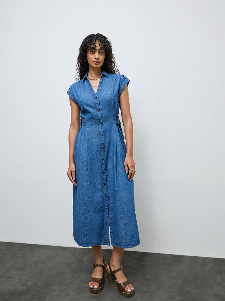 Buy LOV Blue Denim Shirt Dress from Westside