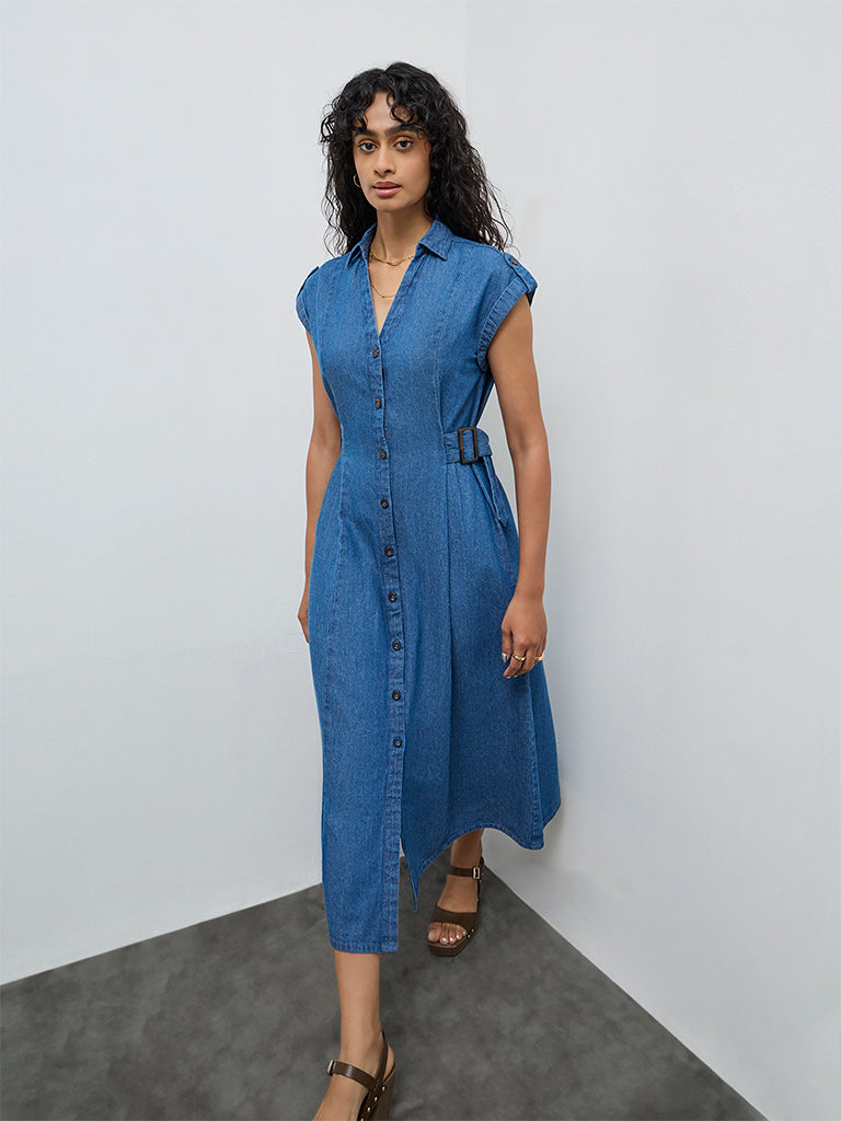 Buy LOV Blue Denim Shirt Dress from Westside