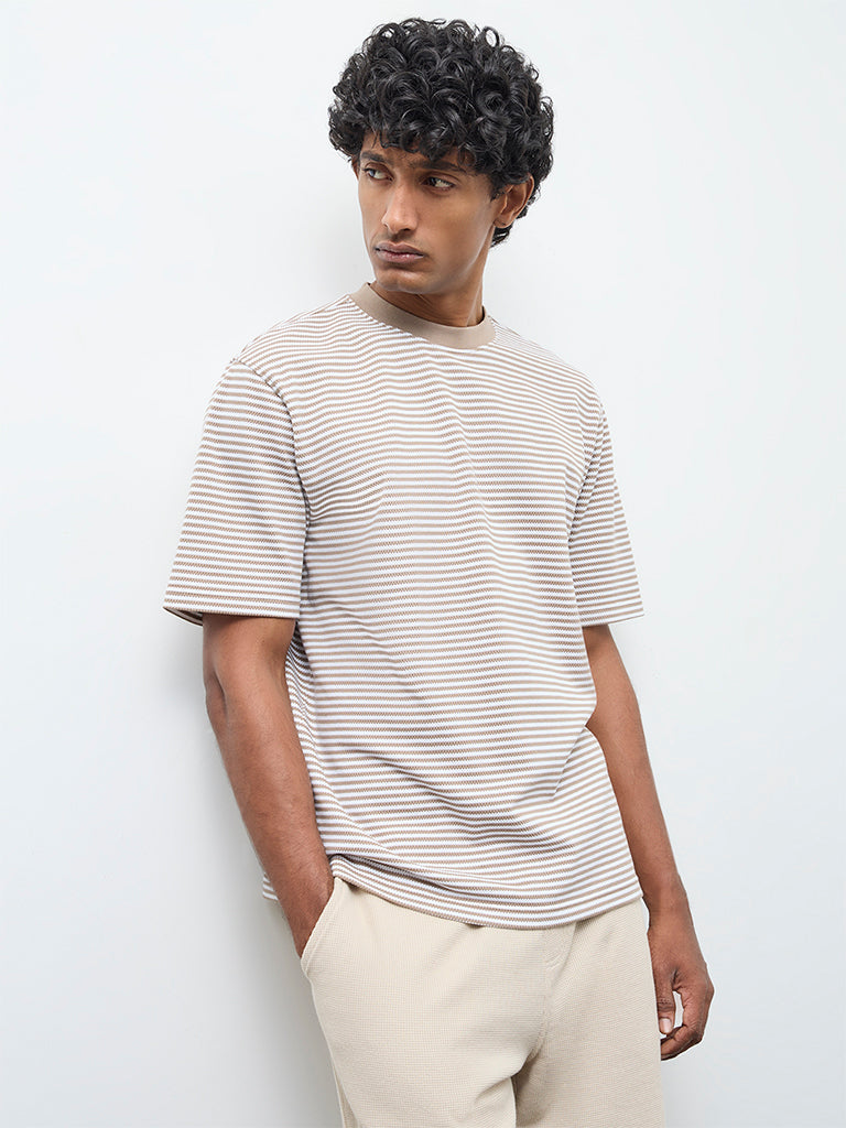 Buy WES Lounge Beige Striped Relaxed-Fit Cotton T-Shirt from Westside