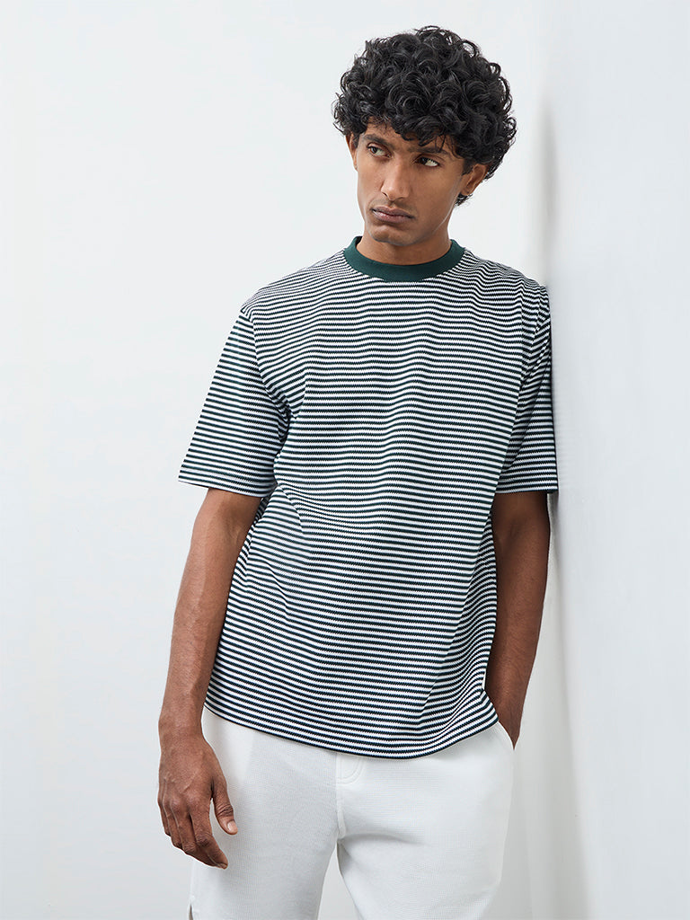 Buy WES Lounge Green Striped Relaxed-Fit Cotton T-Shirt from Westside