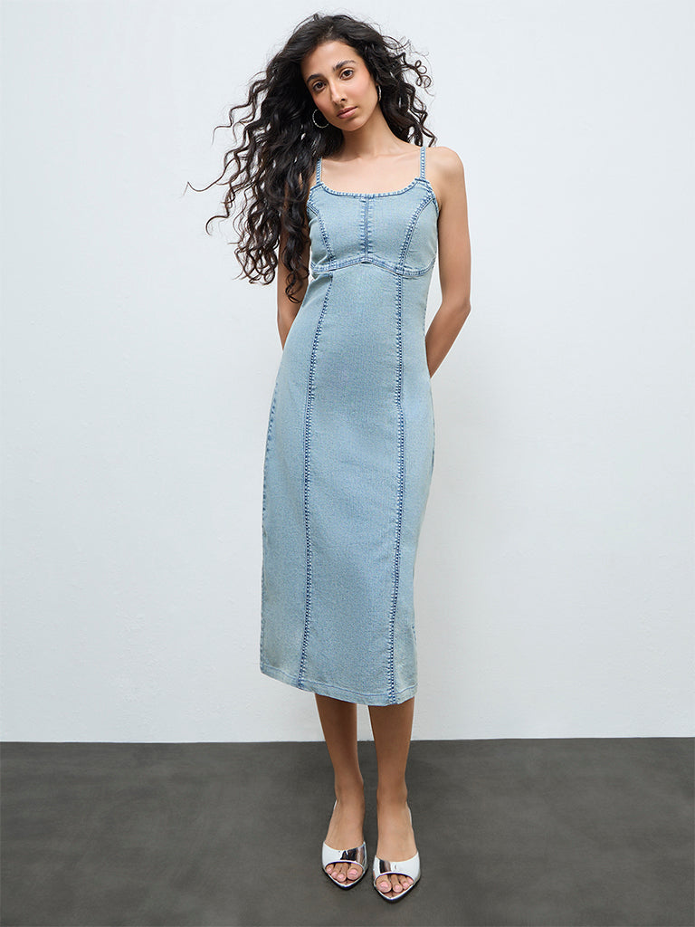 Buy Nuon Blue Faded Denim A-Line Dress from Westside