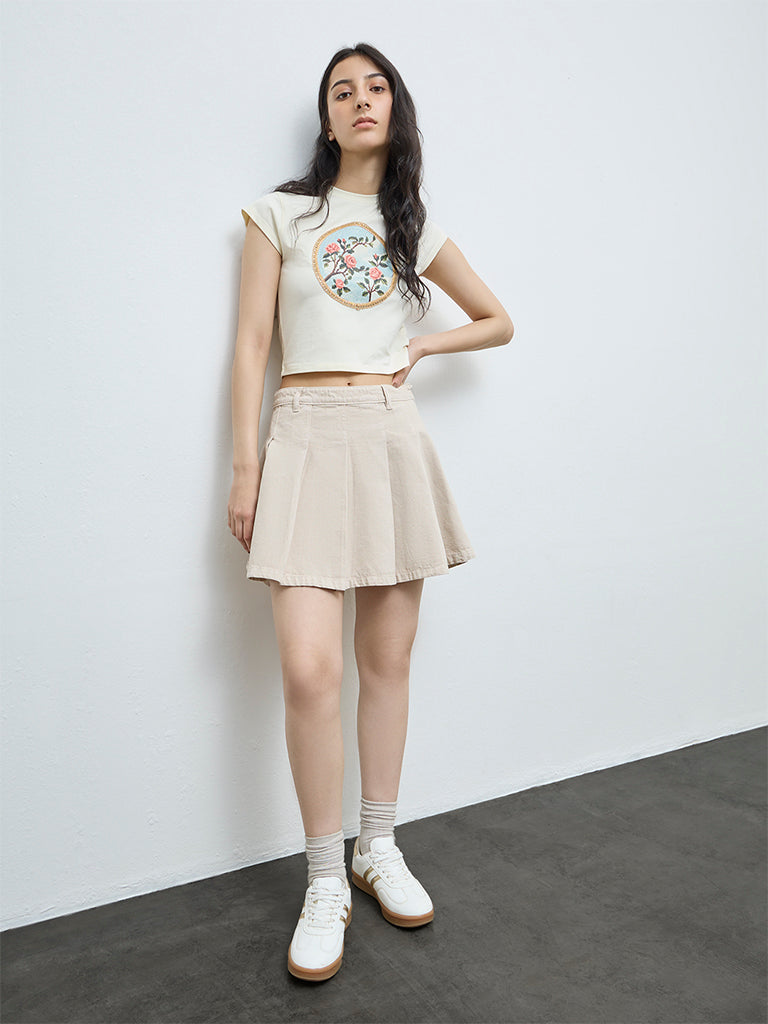 Buy Nuon Beige Box-Pleated High-Rise Denim Skirt from Westside