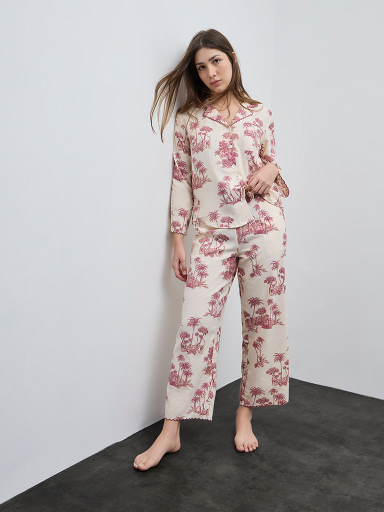 Buy Wunderlove Wine Cotton Shirt and Pyjamas Set from Westside