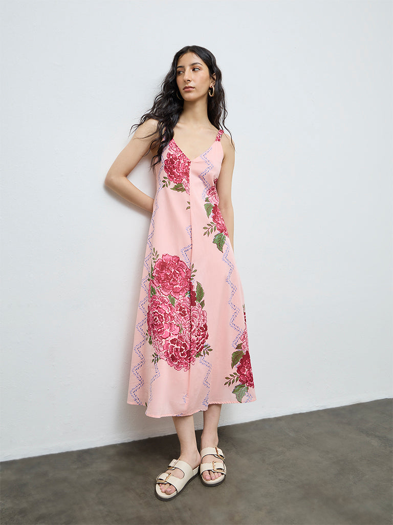 Buy Bombay Paisley Peach Floral Cotton A-Line Dress from Westside