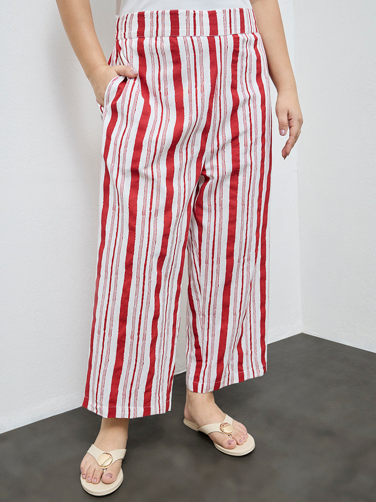 Buy Diza Red Striped Cotton-Blend Pants from Westside