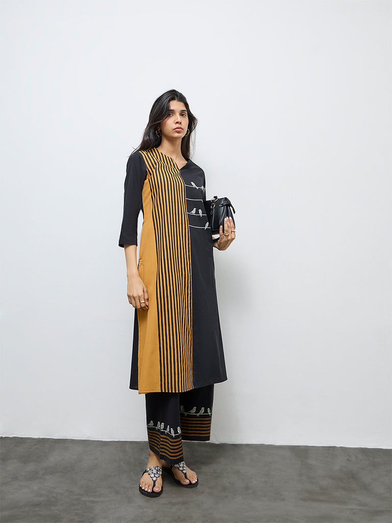 Buy Utsa Black Colour-Block Cotton-Blend A-Line Kurta from Westside