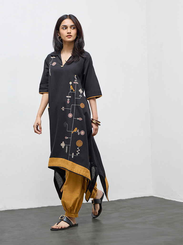 Buy Utsa Black Foliage Printed Cotton A-Line Kurta from Westside