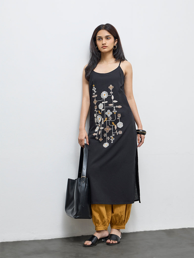 Buy Utsa Black Floral Embroidered Cotton-Blend A-Line Kurta from Westside