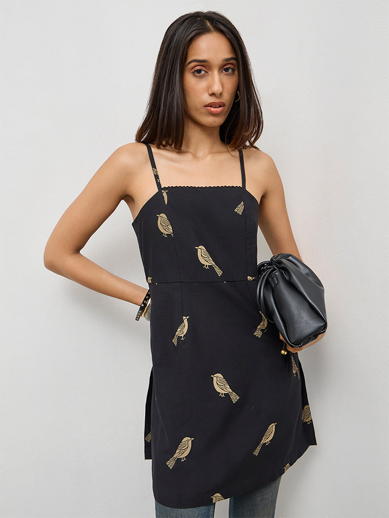 Buy Utsa Black Bird Pattern Cotton-Blend Kurti from Westside