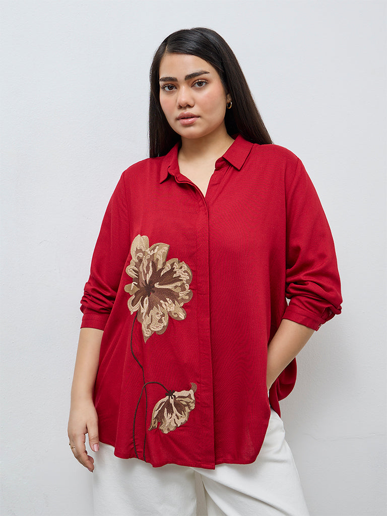 Buy Gia Red Floral Embroidered Shirt from Westside