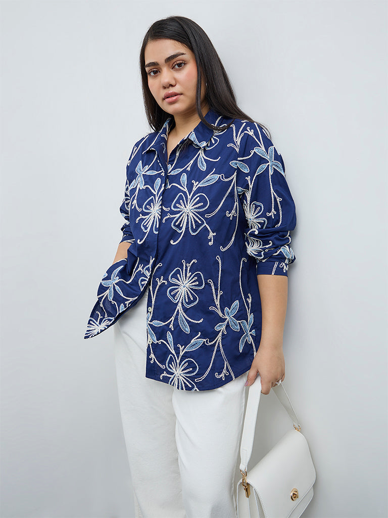 Buy Gia Navy Floral Embroidered Cotton Shirt from Westside