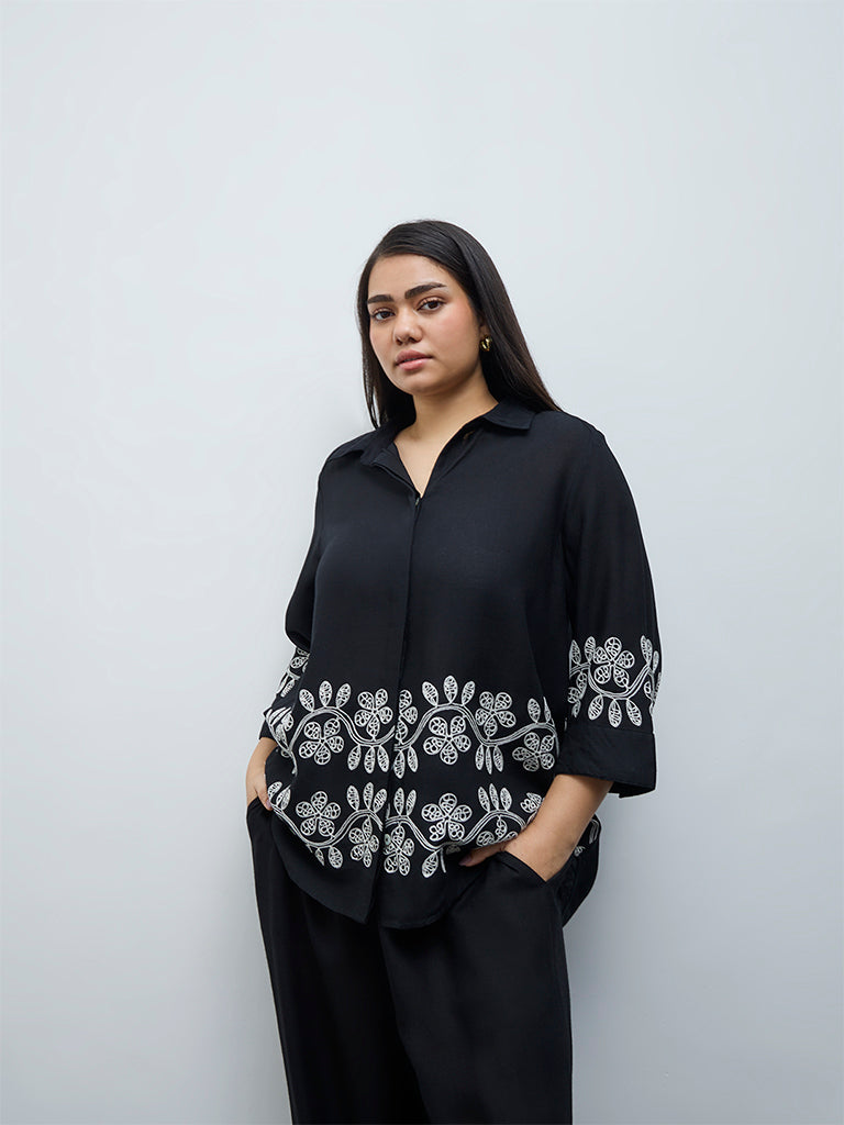 Buy Gia Black Floral Embroidered Shirt from Westside