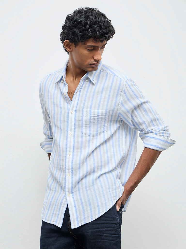 Buy WES Casuals Blue Striped Relaxed-Fit Cotton Shirt from Westside
