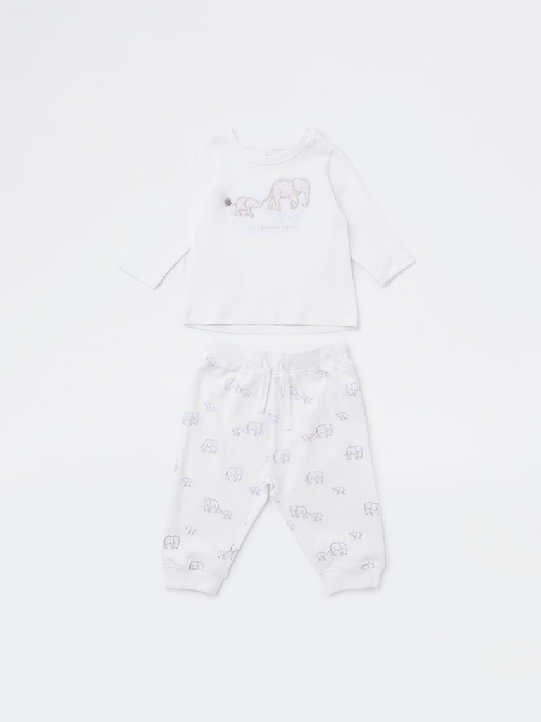 Buy HOP Baby Boys White Animal Design Cotton T-Shirt and Joggers Set ...