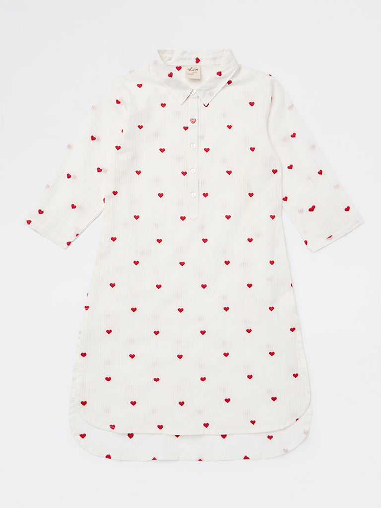 Buy Utsa Kids Girls White Heart Embroidered Cotton Tunic - (8-14 years ...