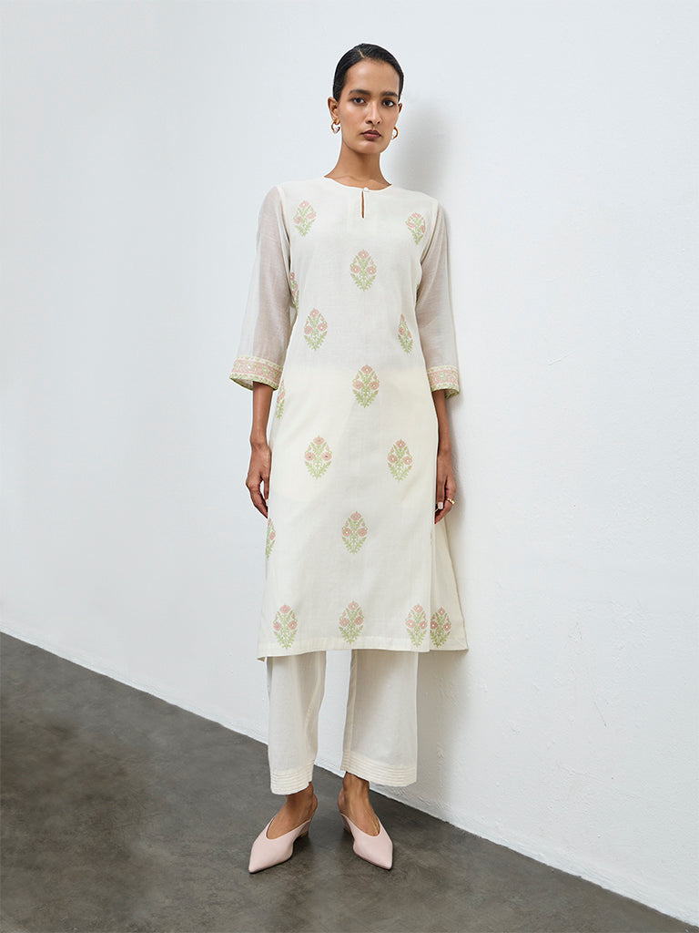 Buy Zuba Off-White Floral Design Cotton-Blend A-Line Kurta from Westside