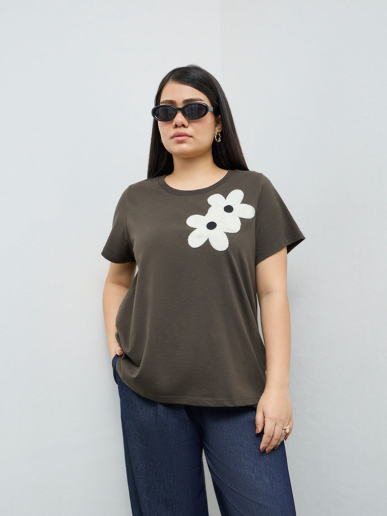Buy Gia Dark Olive Floral Embroidered Cotton-Blend T-Shirt from Westside