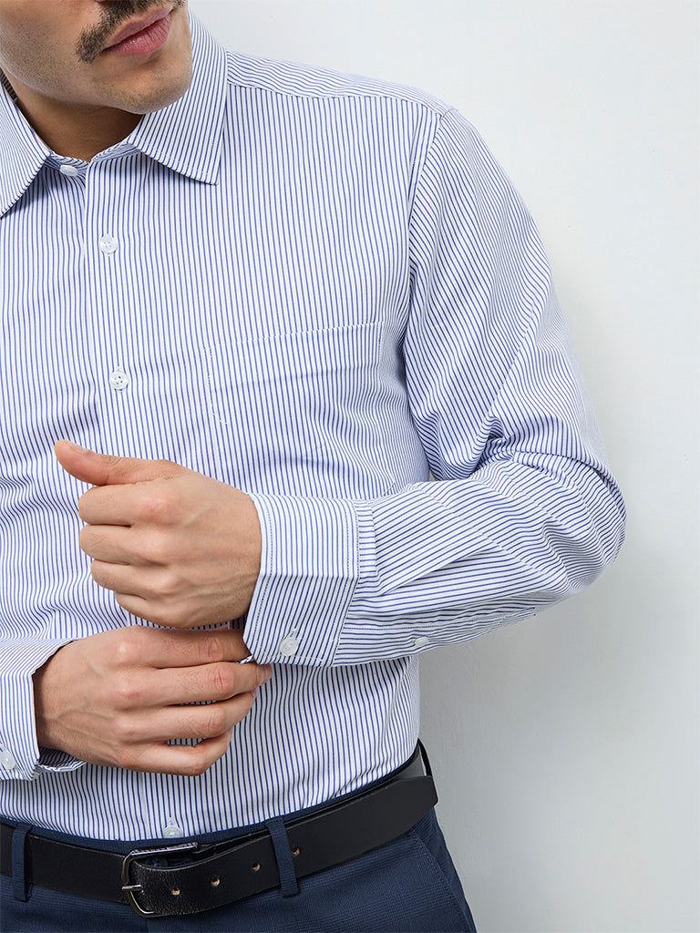 Buy WES Formals Blue Striped Relaxed-Fit Cotton Shirt from Westside