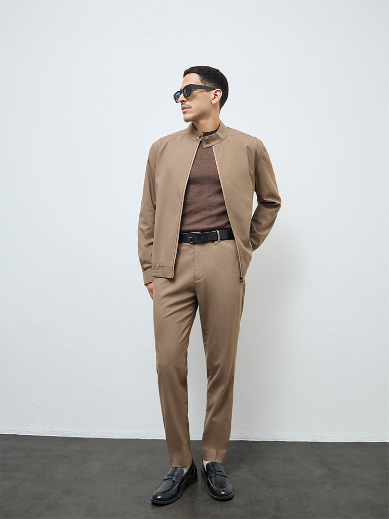 Buy WES Formals Khaki Solid Slim-Fit Mid-Rise Trousers from Westside
