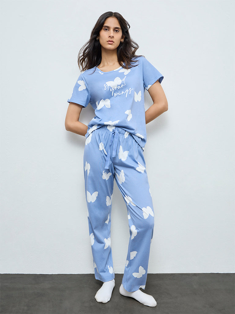 Buy Wunderlove Light Blue Printed Cotton Pyjamas Set In A Bag from Westside