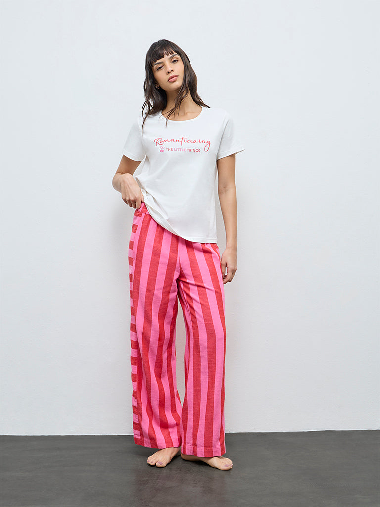 Buy Wunderlove Pink Striped Cotton-Blend High-Rise Pants from Westside