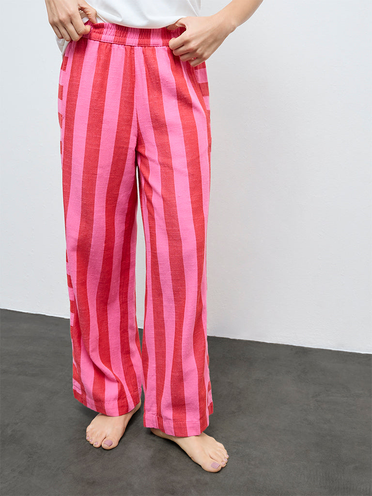 Buy Wunderlove Pink Striped Cotton-Blend High-Rise Pants from Westside