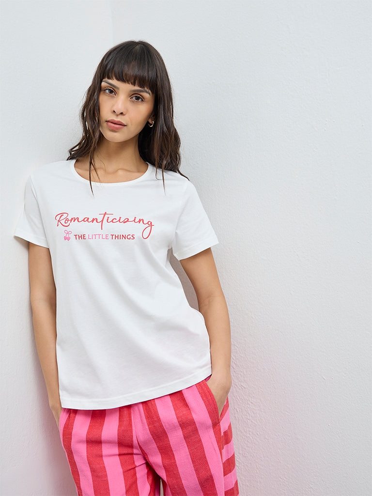 Buy Wunderlove White Typographic Cotton T-Shirt from Westside