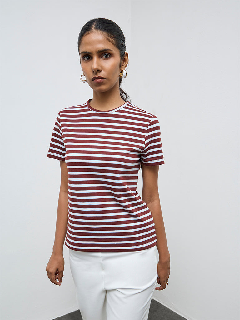 Buy Wardrobe Brown Striped Cotton-Blend T-Shirt from Westside