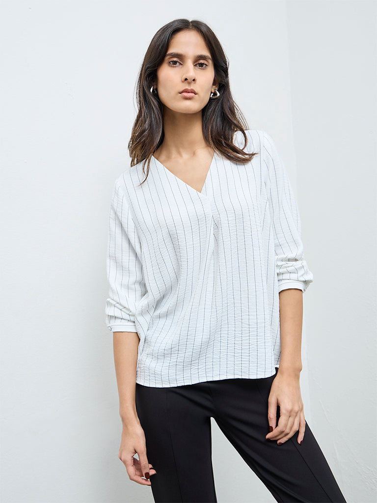 Buy Wardrobe White Striped Blouse from Westside