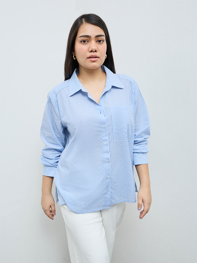 Buy Gia Blue Striped Cotton Shirt from Westside