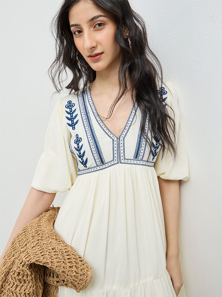 Buy Bombay Paisley Cream Floral Embroidered Tiered Dress from Westside