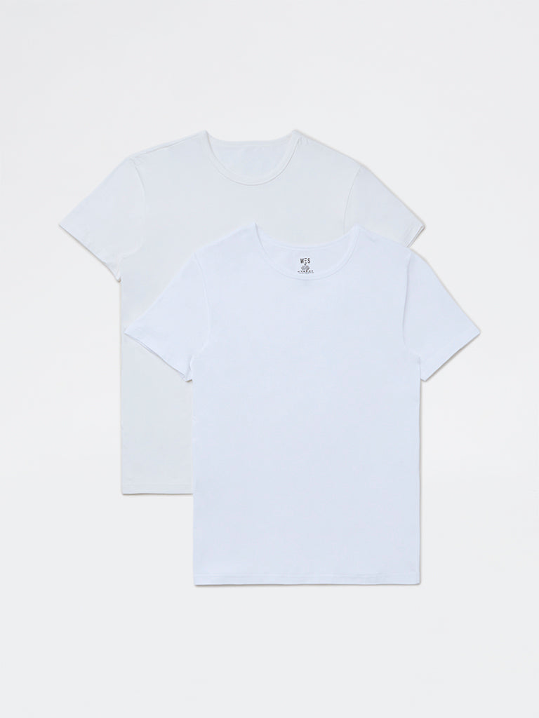 Buy WES Lounge White Solid Cotton Vests - Pack of 2 from Westside