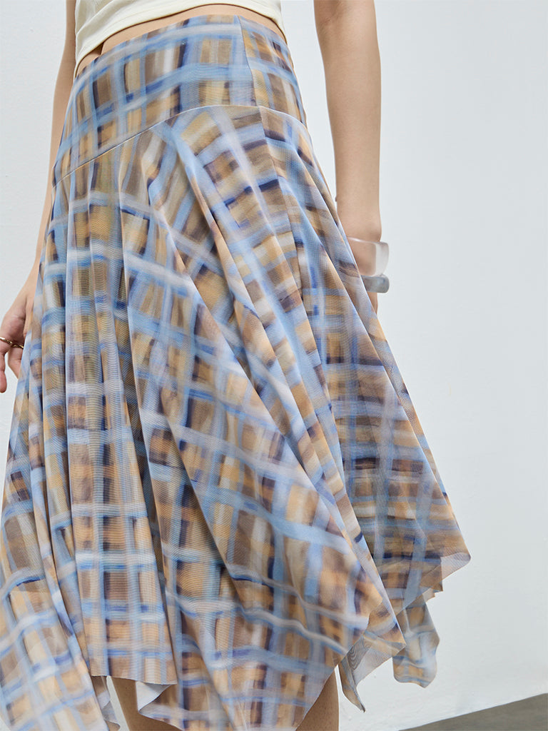 Buy Nuon Blue Checkered Asymmetrical High-Rise Skirt from Westside
