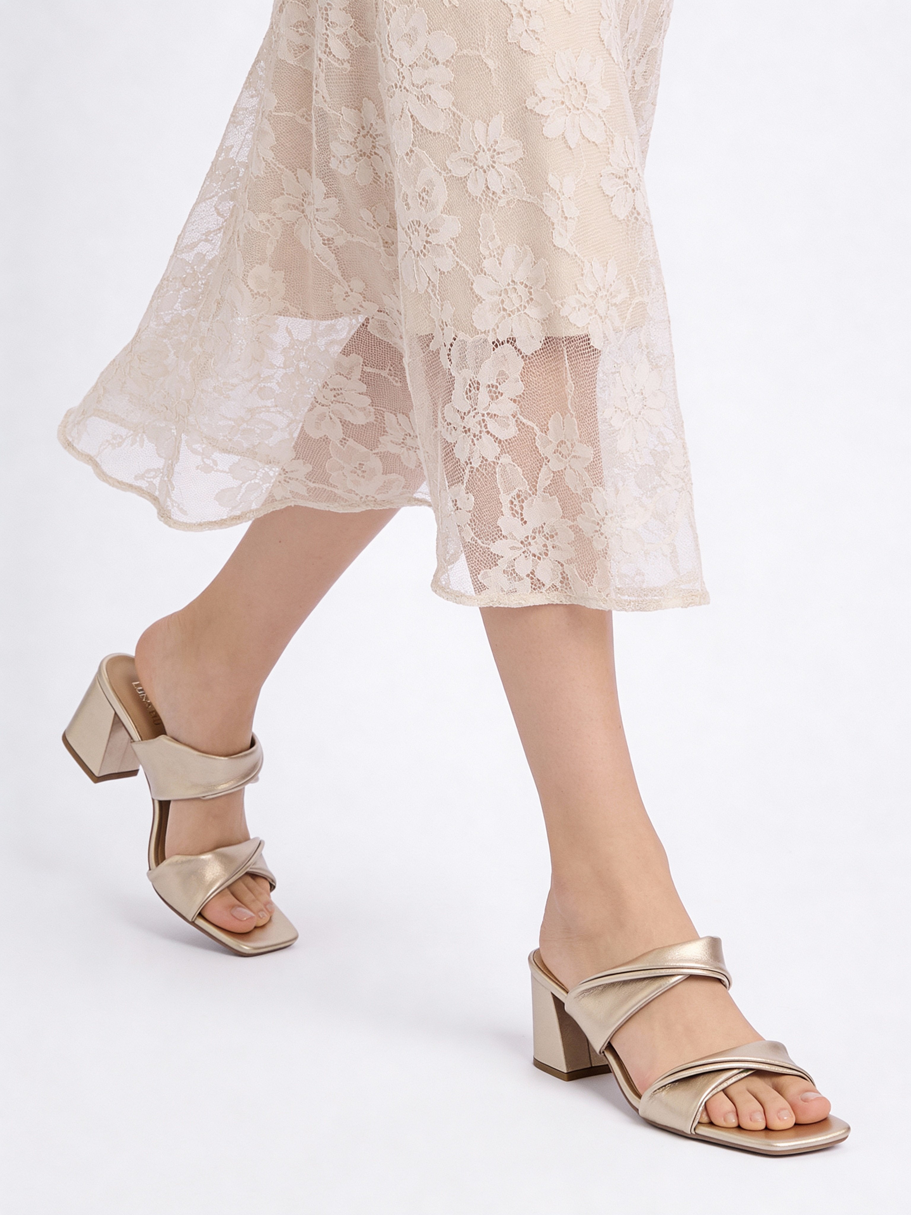 Buy LUNA BLU Rose Gold Ruched Block-Heel Sandals from Westside